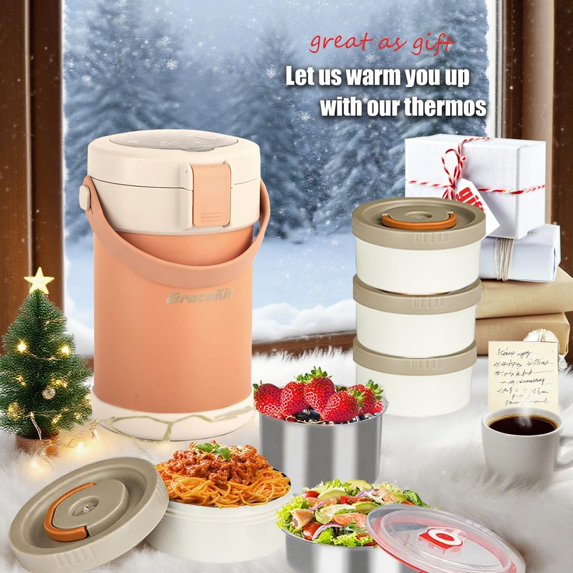 67oz Adults Thermo for Hot Food Kit 2L 9.06in 3 Layer Stainless Steel ...