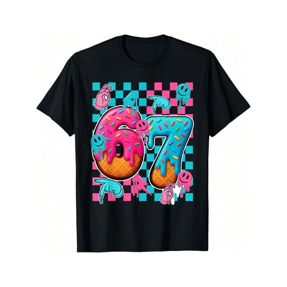 67th Birthday Donut Drip Checkerboard Unisex Graphic Short Sleeve T ...