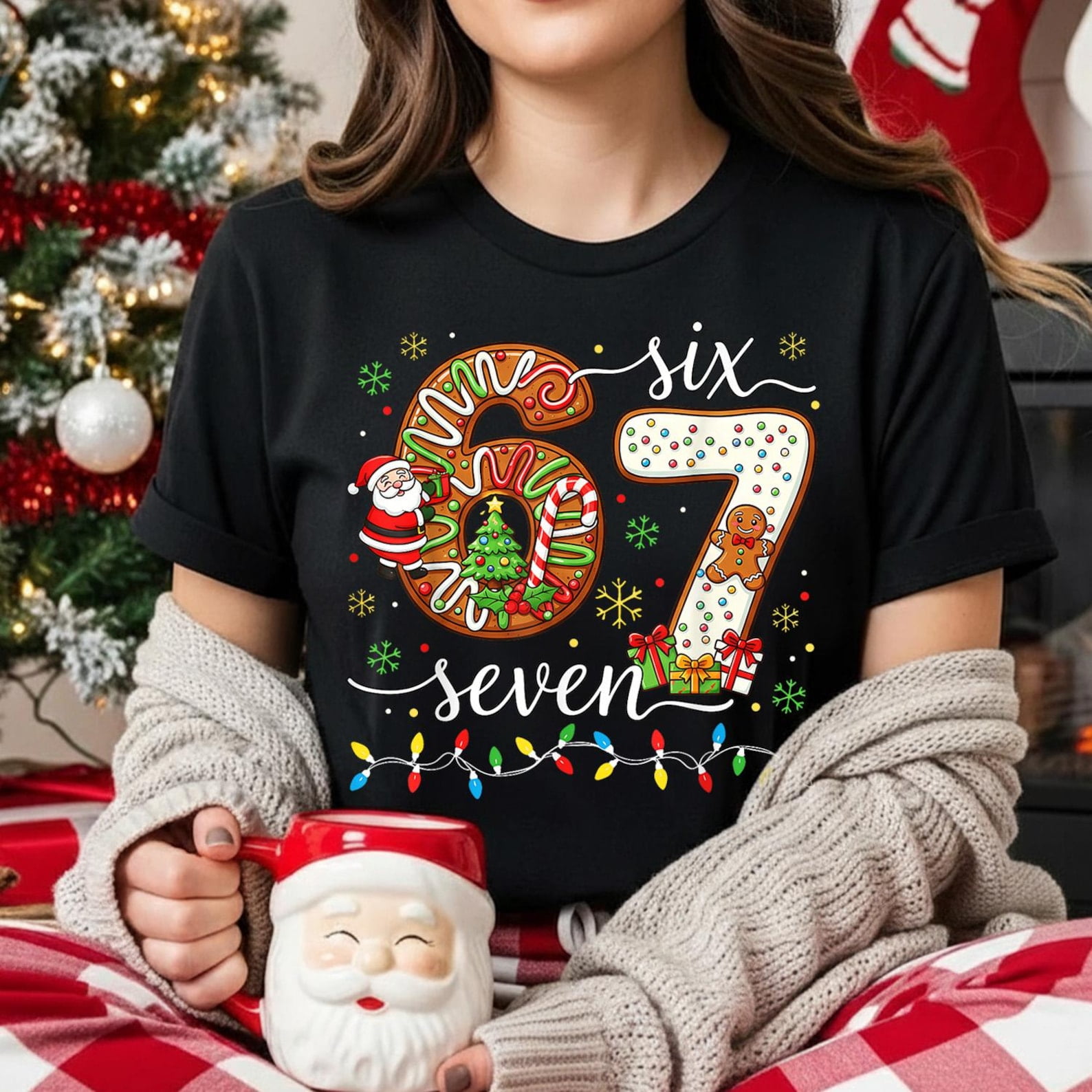 67th Birthday Holiday Tee with Gingerbread & Santa Elements, Seasonal ...