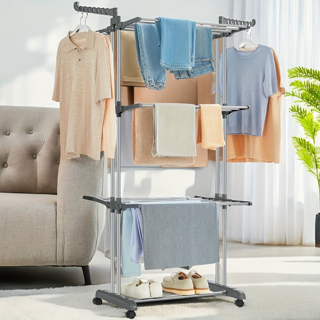 68.1 Inch Tall Foldable 4-Tier Clothes Drying Rack, Steel Rolling ...
