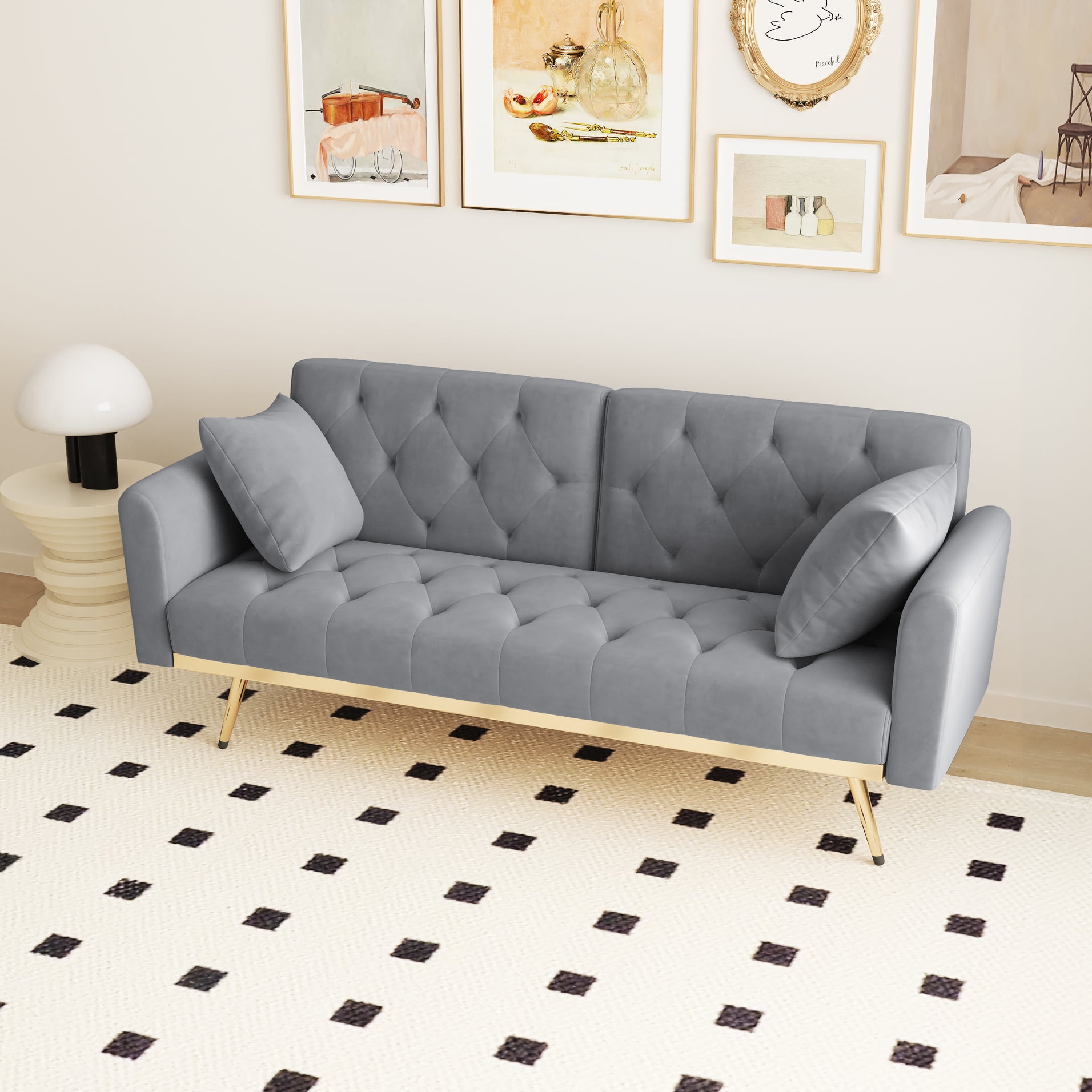 68.3" Gray Velvet Convertible - Foam Cushions, Midfoot Support ...