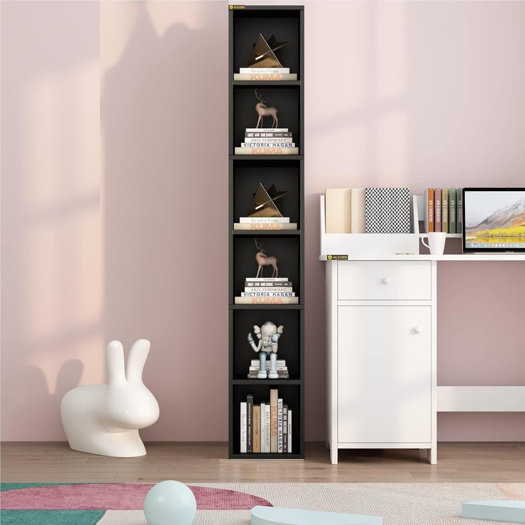 68.5 Inches Small Tall Narrow Corner Bookshelf, 6 Shelf Cubby Storage ...