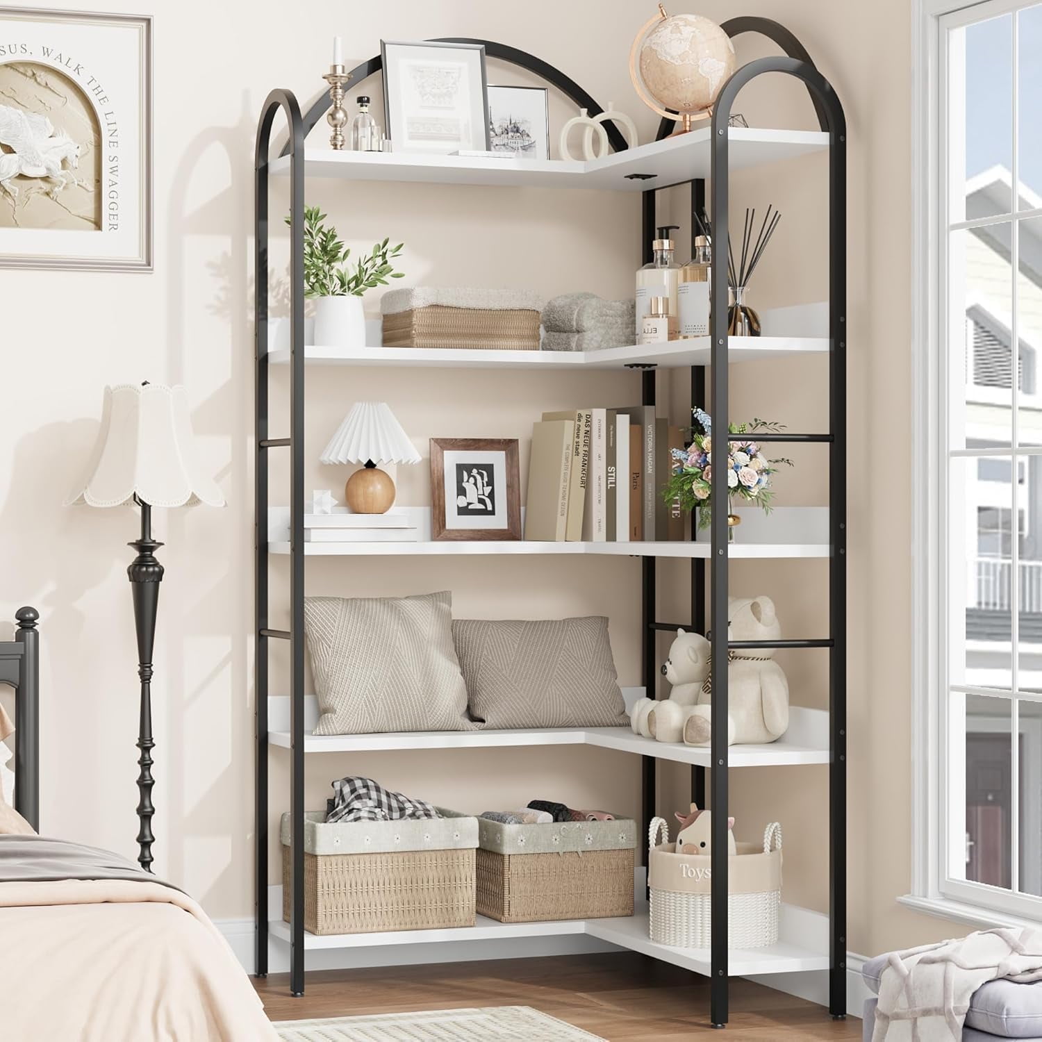 68.5" Industrial L-Shaped Corner Bookshelf, 5-Tier Arched Metal Frame ...