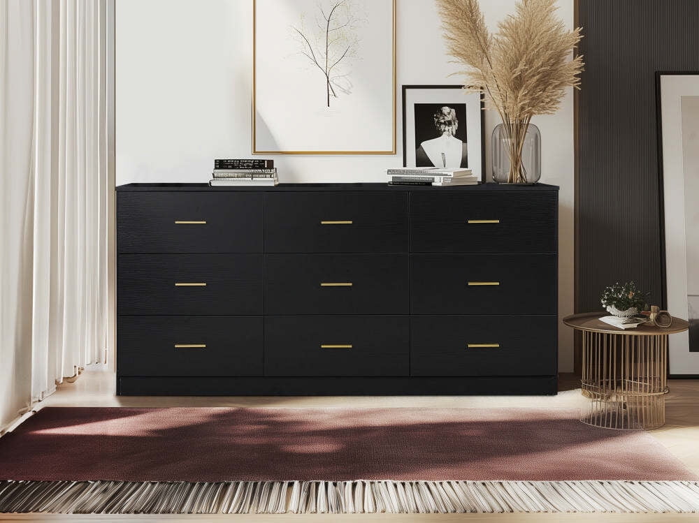 68.5" Natural Wood 9-Drawer Dresser - Wide Storage Chest with Golden ...