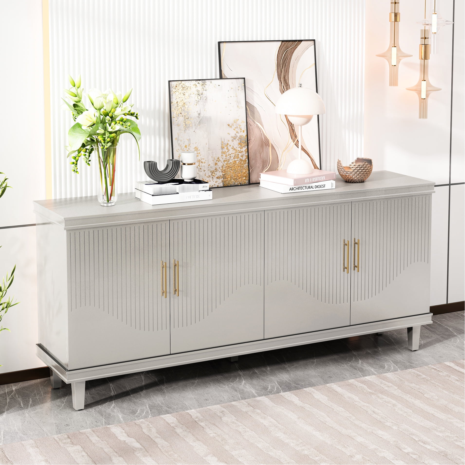 68.64'' Champagne 4-door Cabinet. & Solid Wood Made. Ample Storage ...