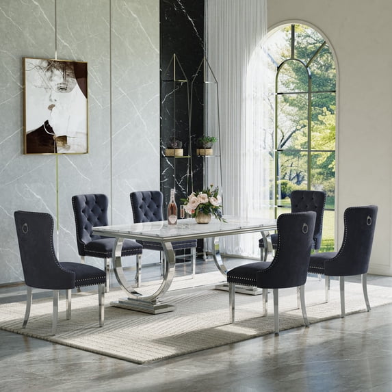 68.9" Dining Table Set for 6, Rectangular Faux Marble Table with ...