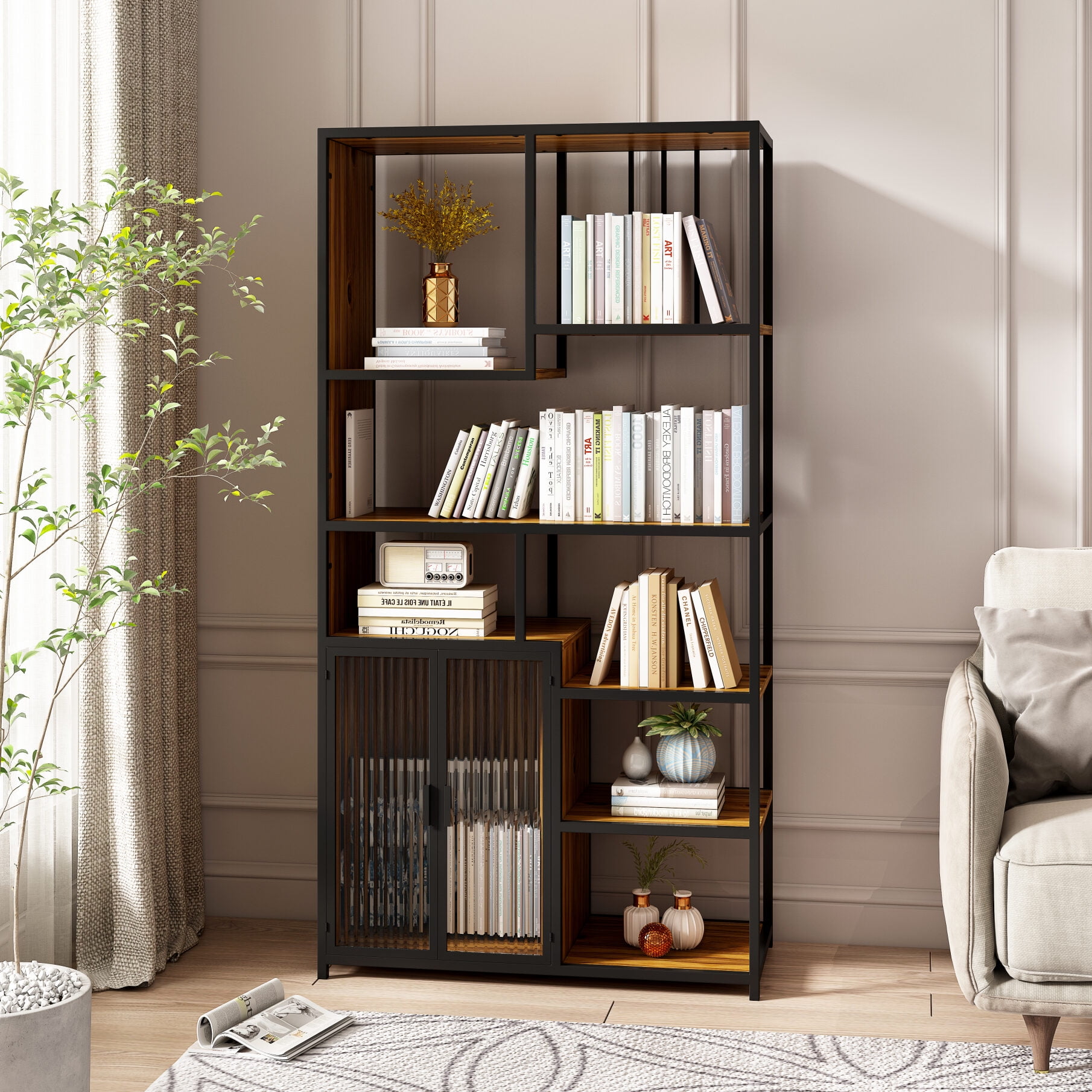 68.9"H Bookshelf with Enclosed Storage Cabinet and 7 Open Storage ...