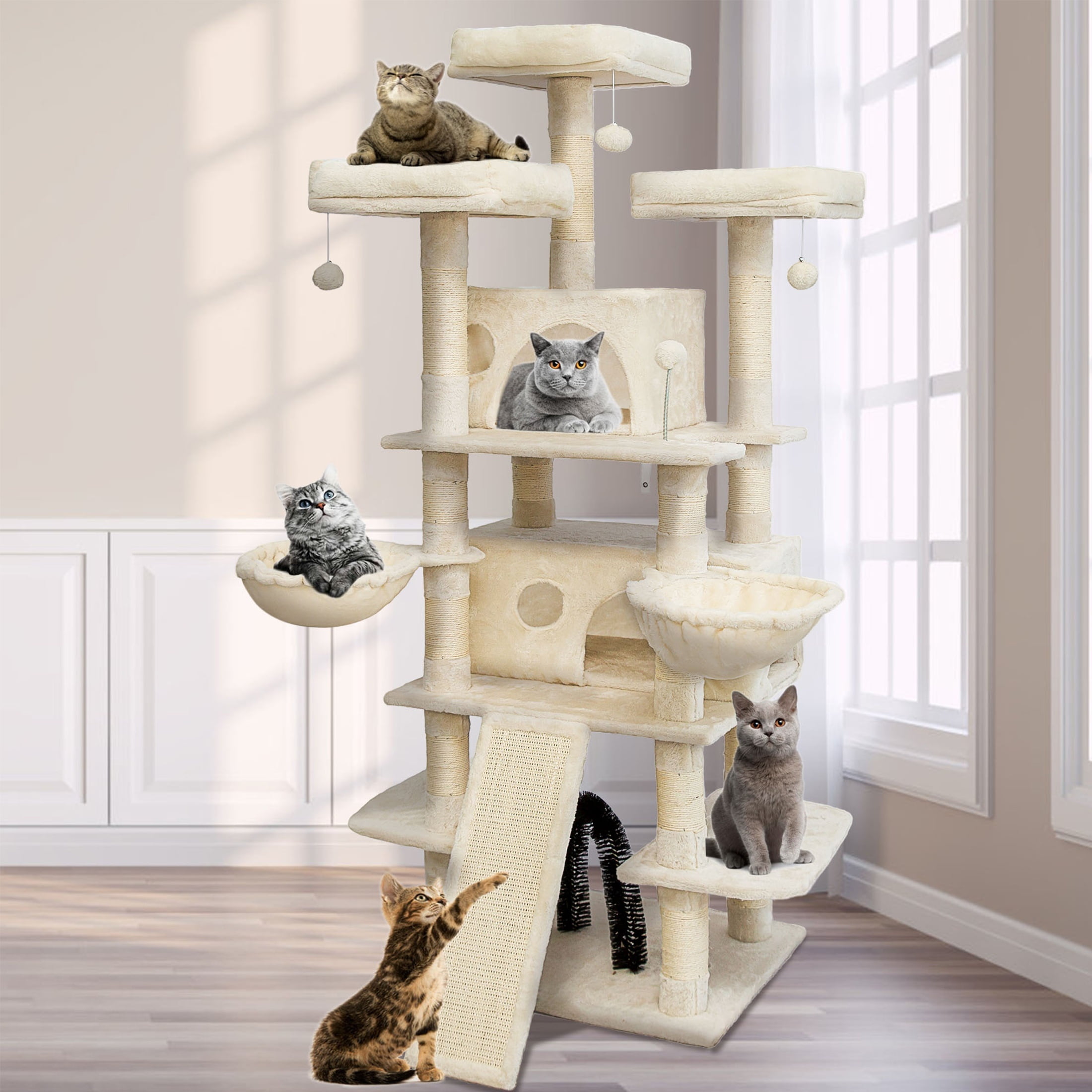 68" Big Multi-Level Cat Tree - Tall Multi-Cat Tower with 2 Large Condos ...