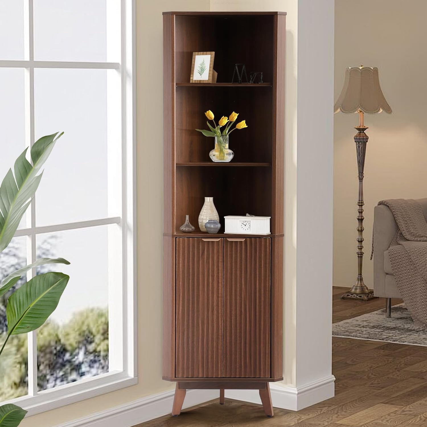 68" Corner Storage Cabinet, Tall Corner Shelf with Fluted Doors and ...