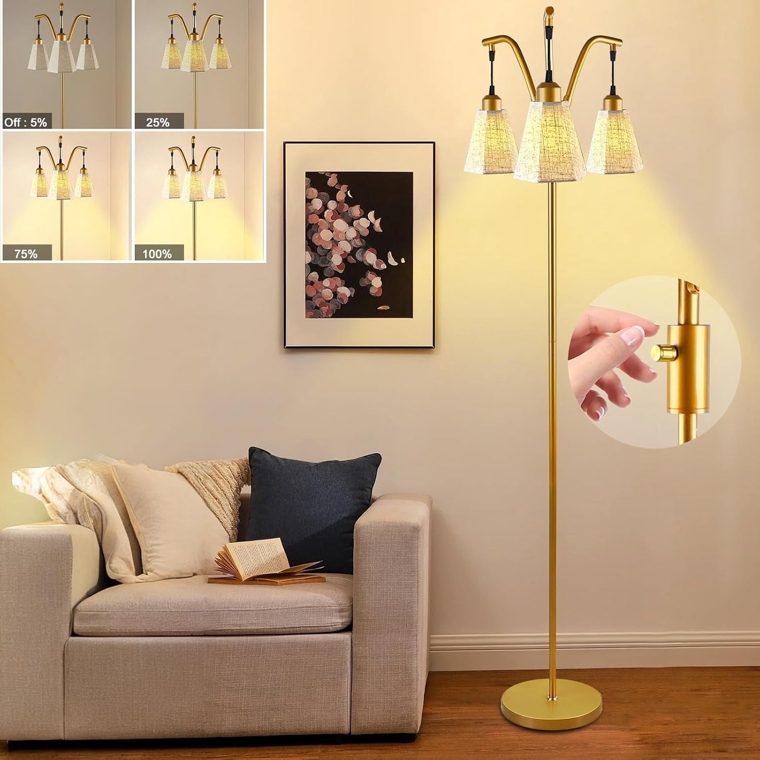 68" Dimmable Floor Lamp for Living Room, Industrial 3-Light Tree Floor ...