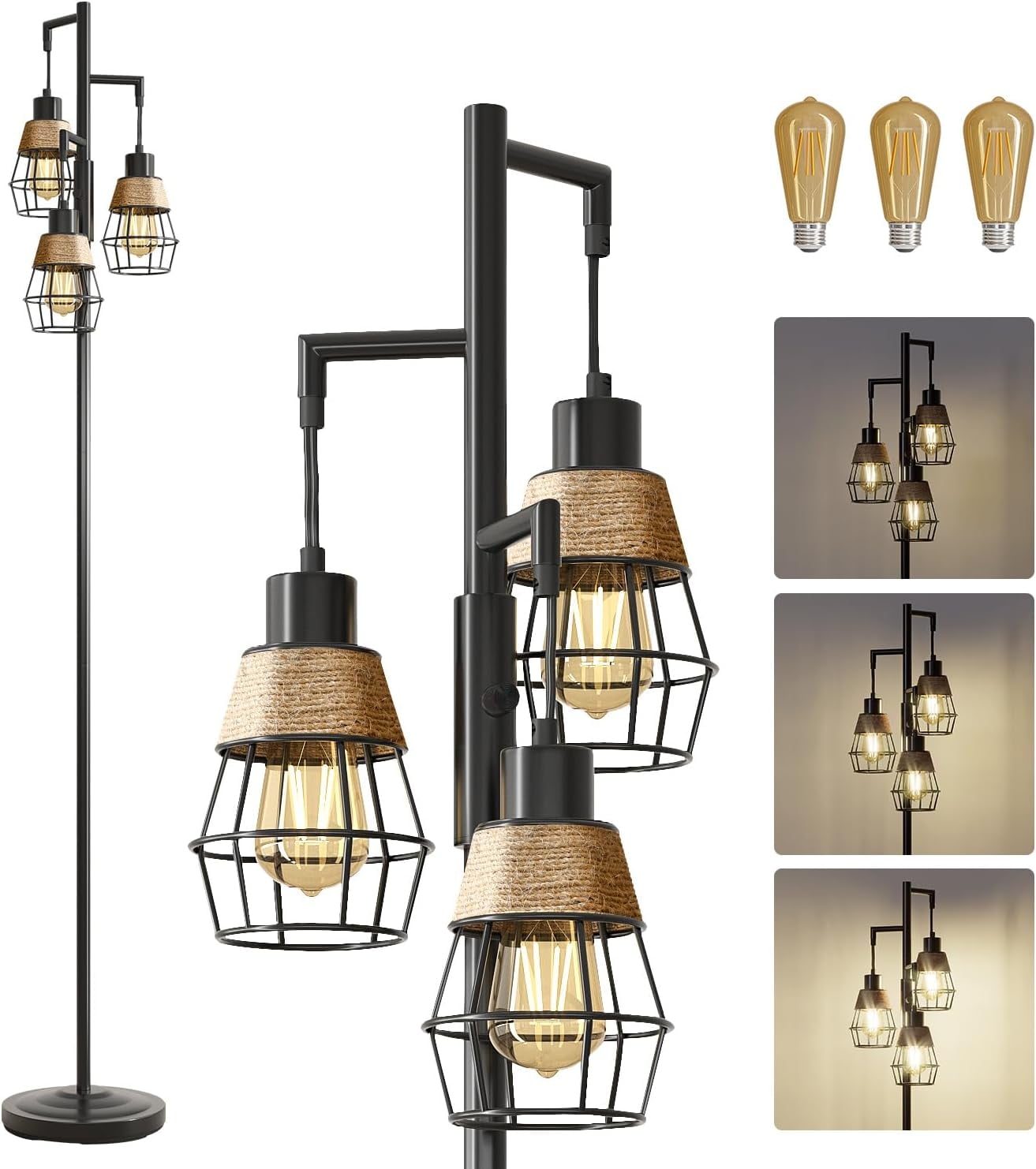 68" Industrial Floor Lamp, Standing Lamp with 3 Bulbs, Farmhouse Corner ...