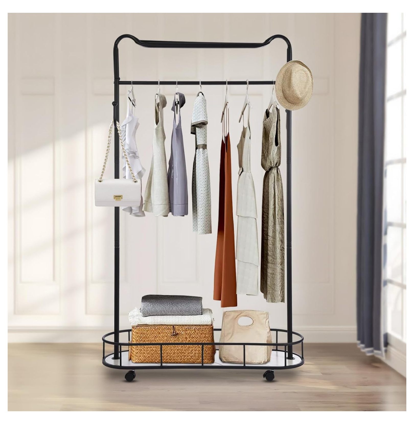 68 Inch Floor Clothes Rack with Wheels, Mobile Clothing Rack with ...