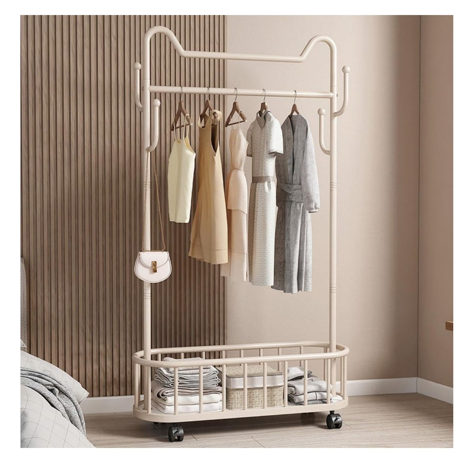 68 Inch Floor Clothes Rack with Wheels, Mobile Coat Rack with Storage ...