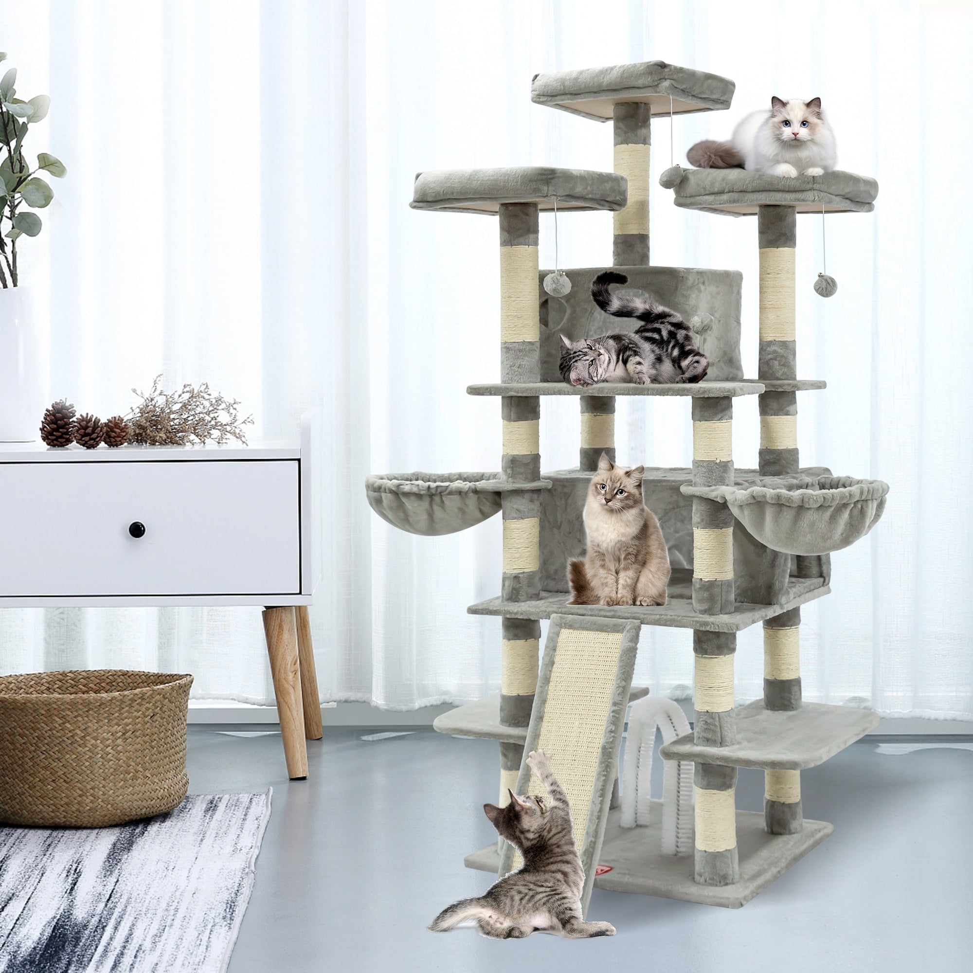 Navine 68 Inches Sisal Activity Kitty, Multi-Level Cat Tree with 2 ...