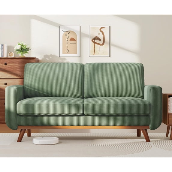 68 Loveseat Sofa Green Comfy Corduroy with Spring Cushion Solid Wood ...