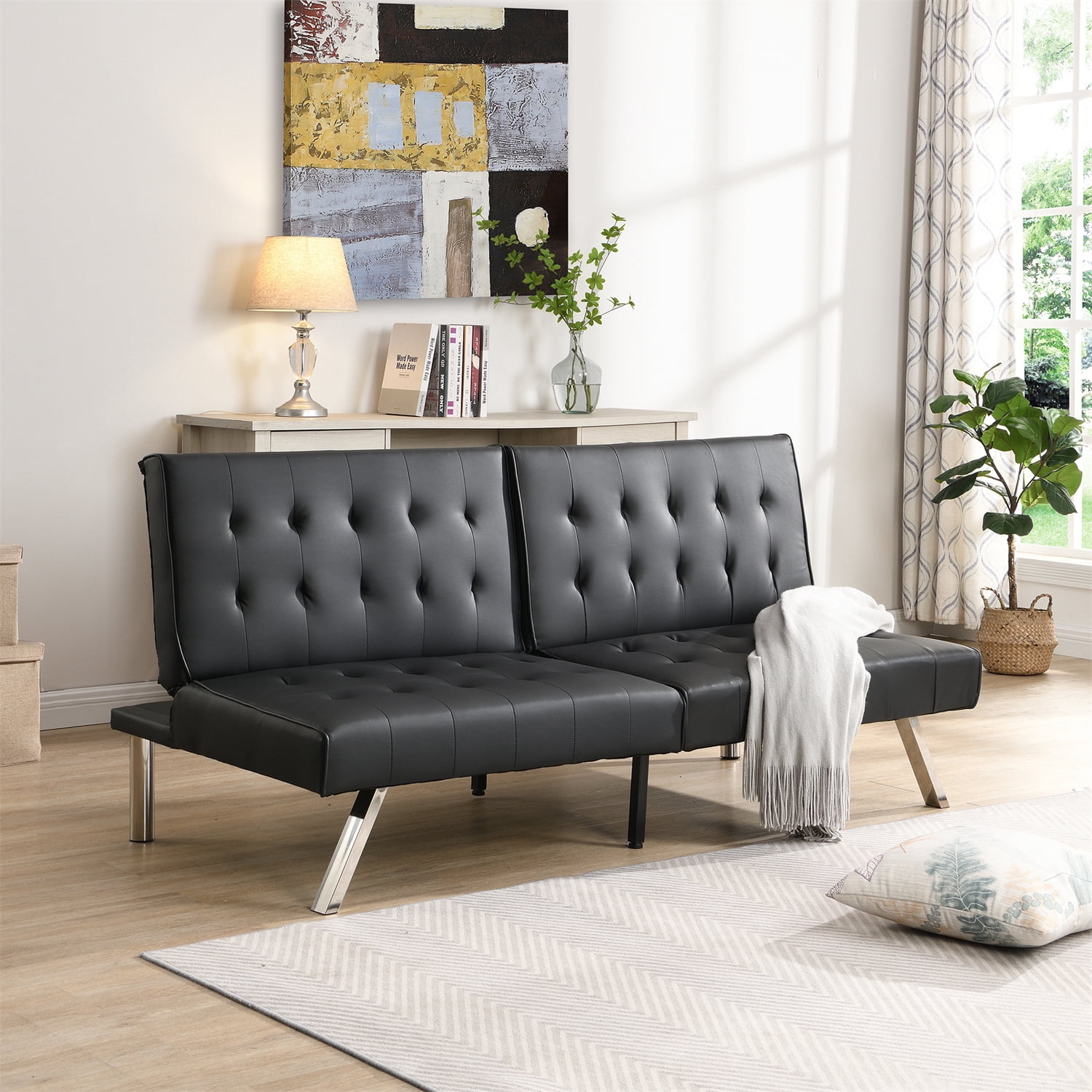 68" Modern Leather Sofa Bed, Convertible Sofa Couch with Wood Frame ...