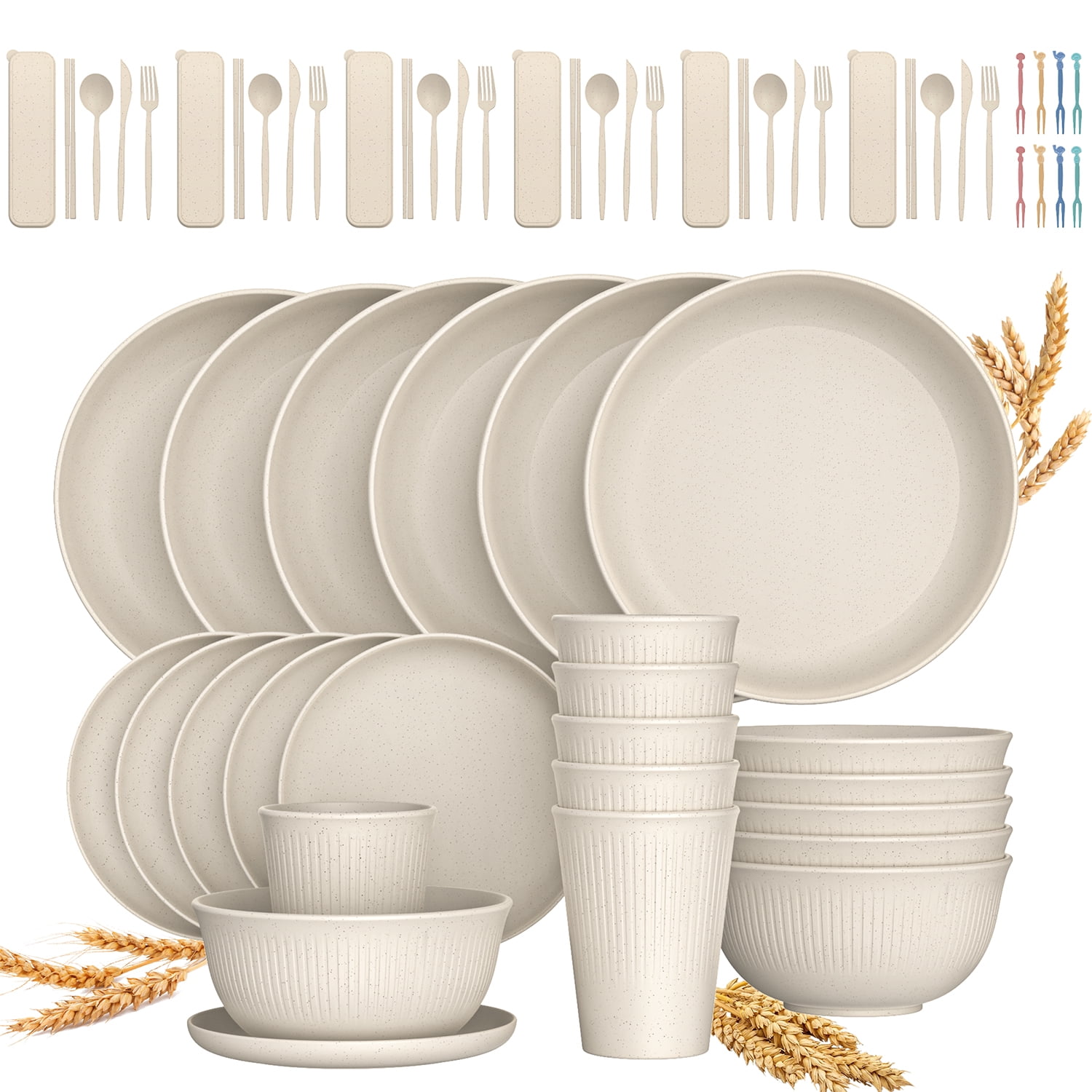 68 Pcs Wheat Straw Dinnerware Sets For 6, Unbreakable Dinnerware Sets ...