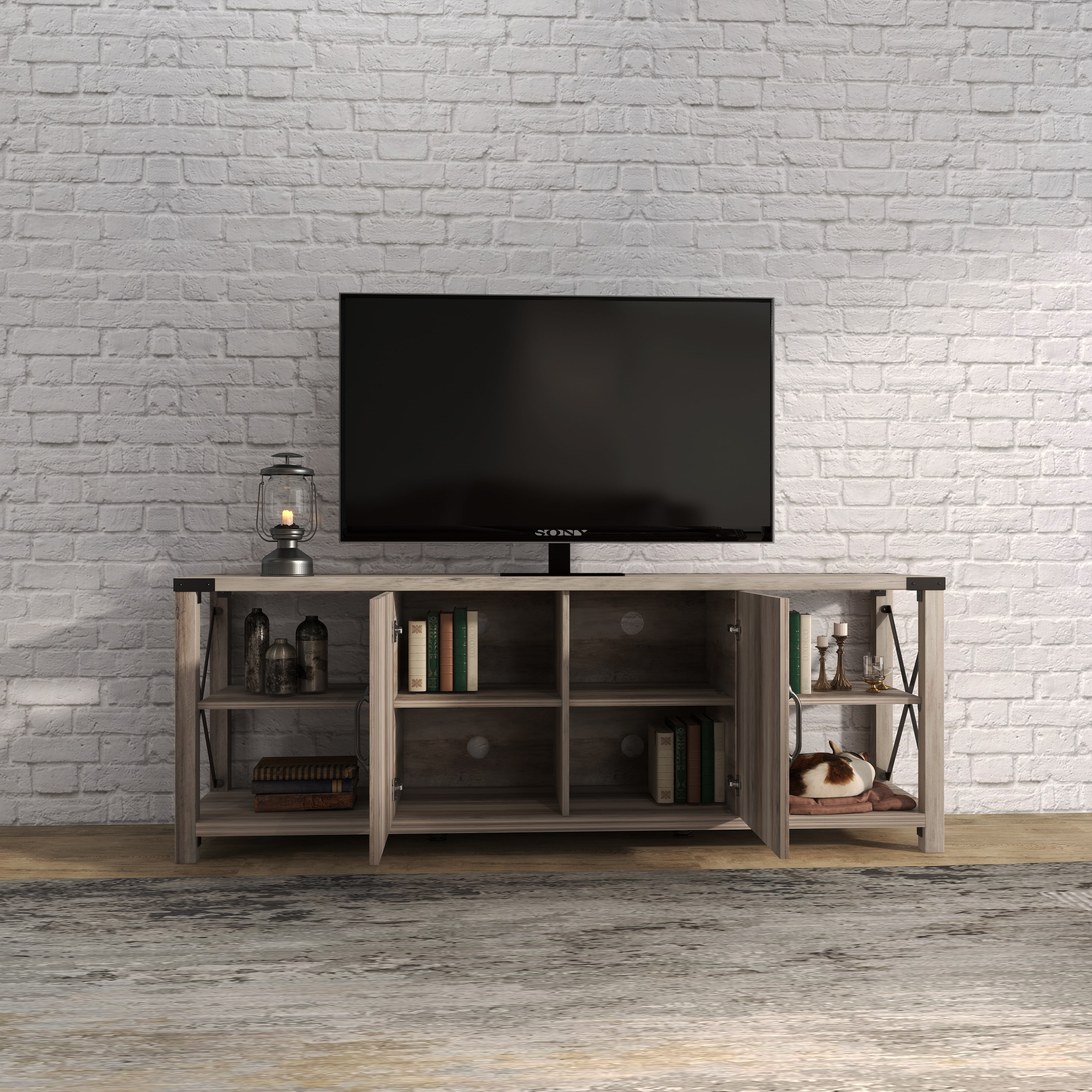 68" TV Stand,TV Console With Storage Cabinets & Open Shelves,Rustic ...