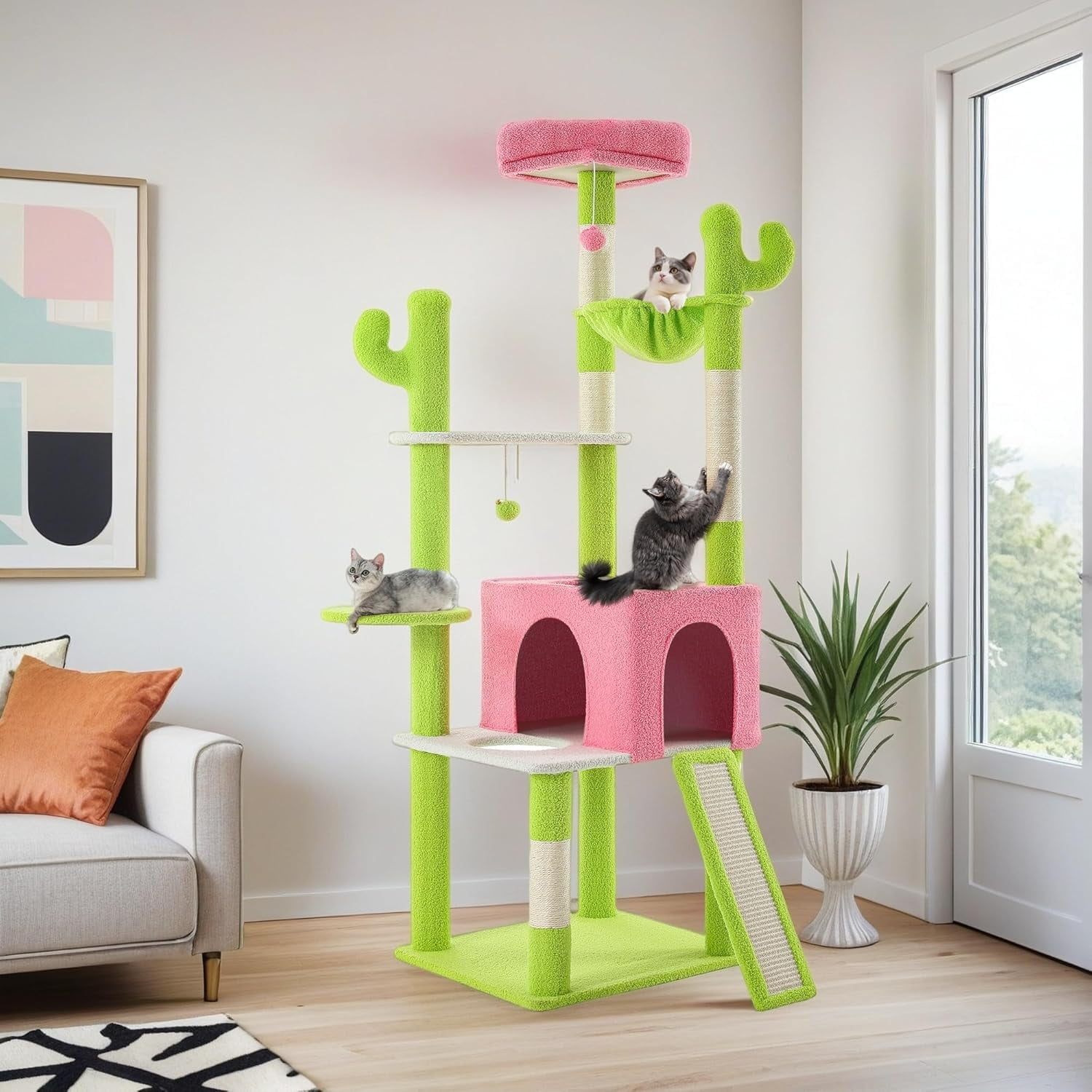 68" Tall Cactus Tree: Cats Tower with Sisal Posts, Kittens Hideout Pet ...