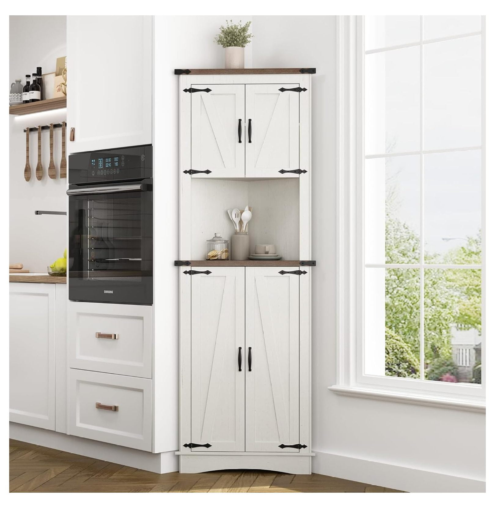 68" Tall Farmhouse Corner Cabinet, Corner Storage Cabinet with 4 Doors ...