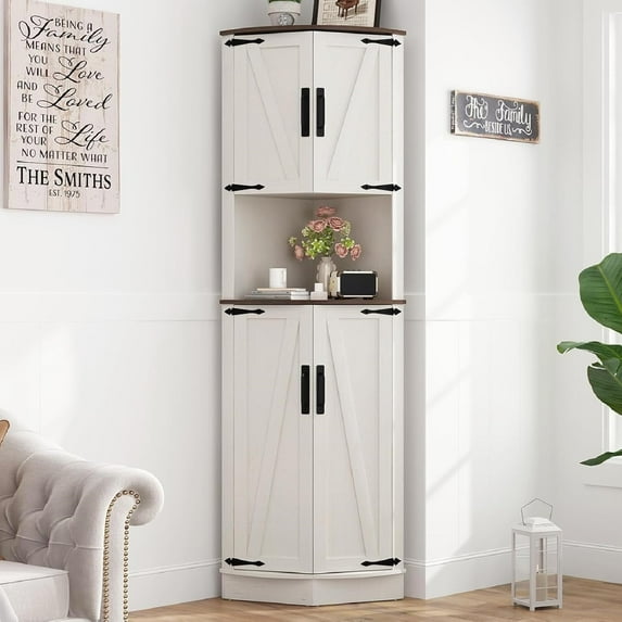 68" Tall Farmhouse Corner Cabinet, Dining Room Storage Cabinet with 4 ...