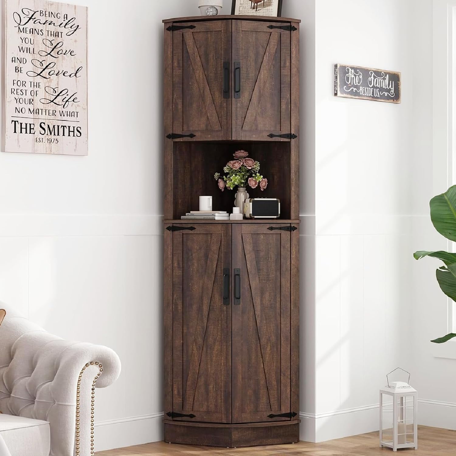 68" Tall Farmhouse Corner Cabinet, Dining Room Storage Cabinet with 4 ...