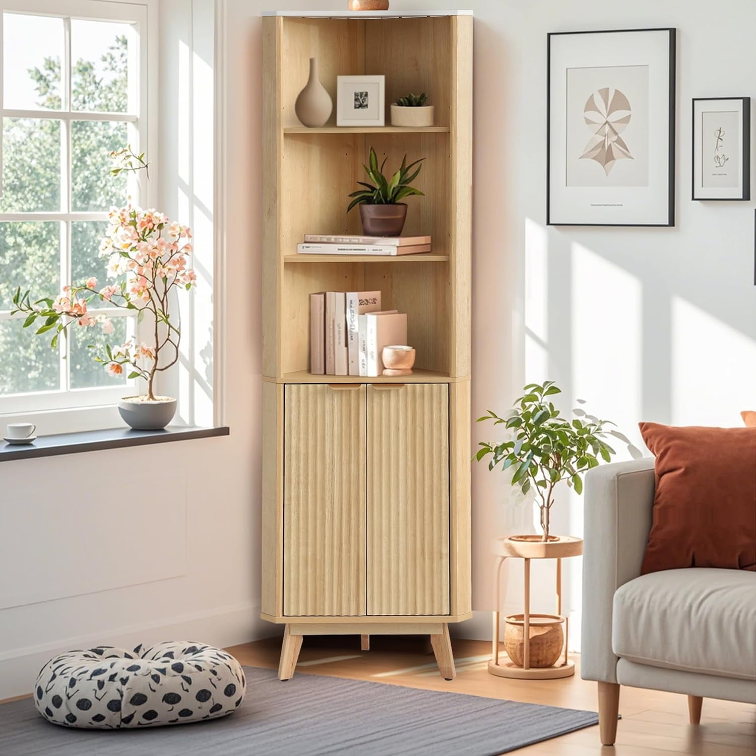 68" Tall Fluted Cabinet, Corner Storage Cabinet with 3 Shelves and ...