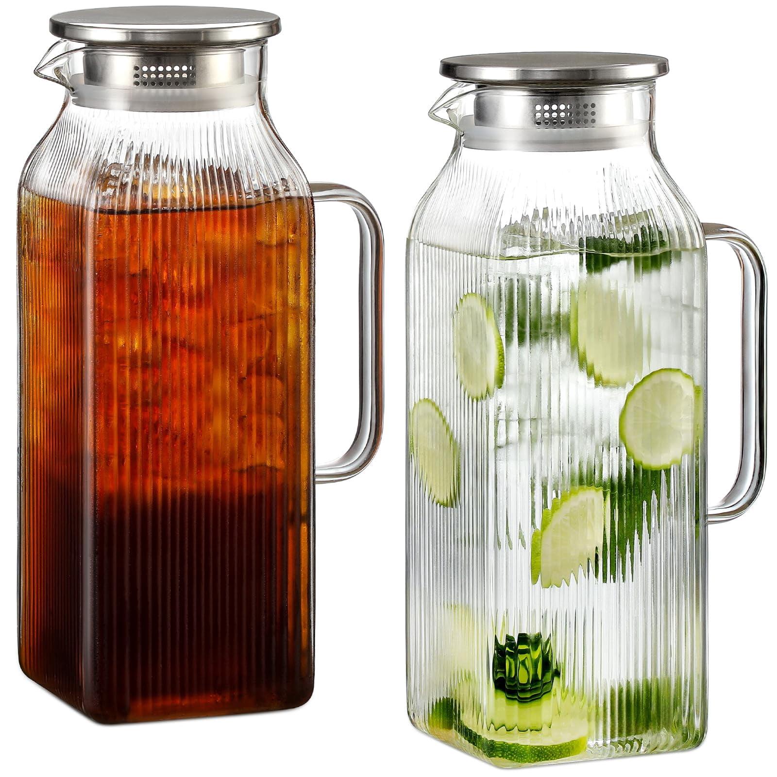 68 oz Square Glass Pitcher with Lid, Classic Stripes Water Pitchers ...