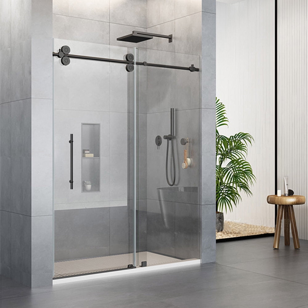 Frameless Single Sliding Shower Doors, 68-74 in. W x 76 in. H, Tempered Glass, Modern Design ...