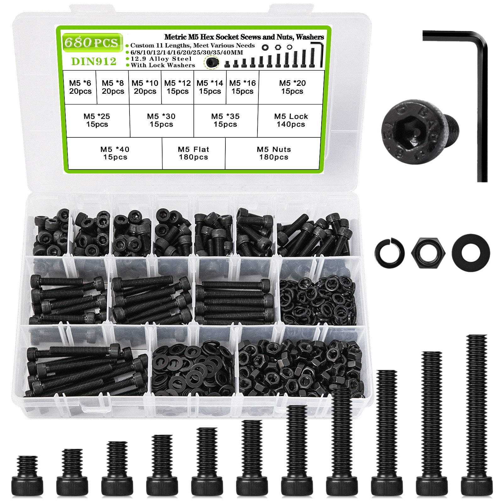 680pcs M5 Nuts and Bolts Assortment Kit, 12.9 Alloy Steel M5 Button Head Hex Socket Cap Machine ...