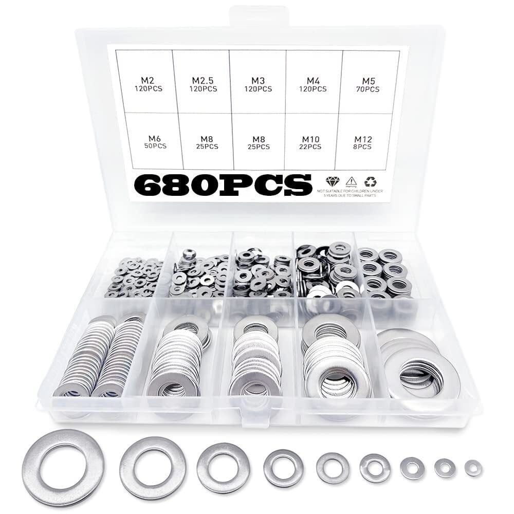 680pcs Stainless Steel Solid Gasket Washer M2 M2.5 M3 M4 M5 M6 M8 M10 ...