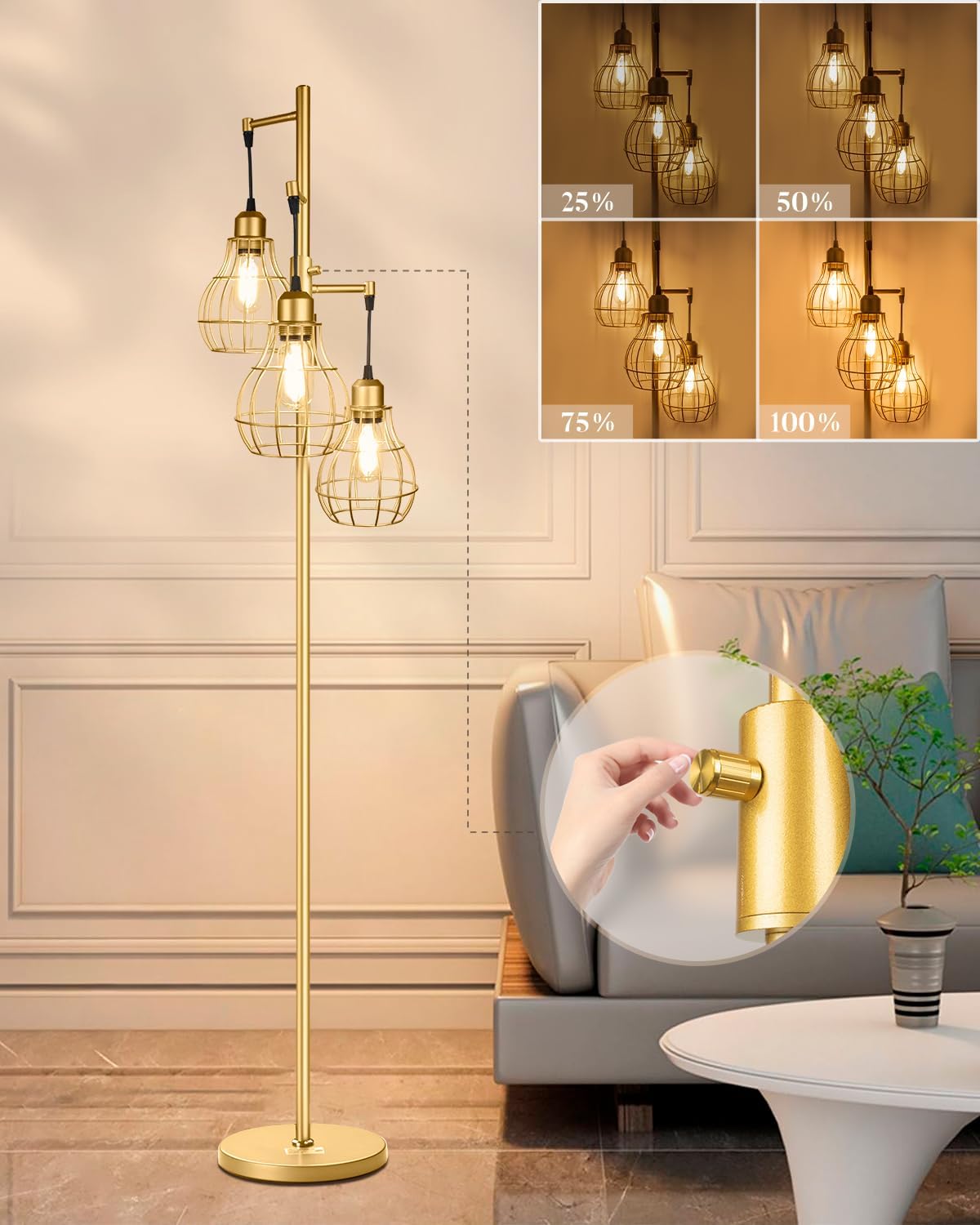 68IN Dimmable Floor Lamp for Living Room, Industrial 3-Light Tree Floor ...