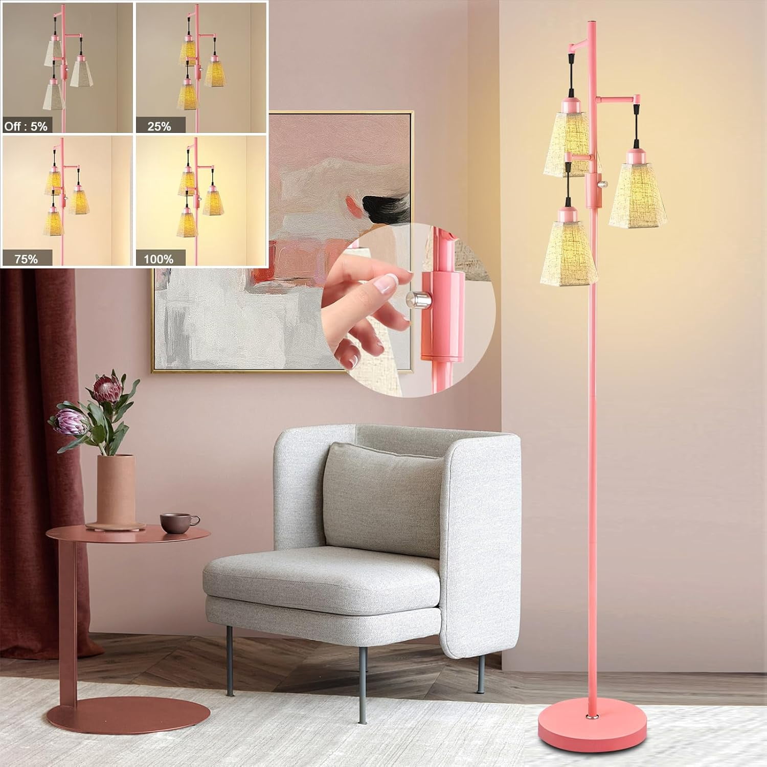 68IN Dimmable Floor Lamp for Living Room, Industrial 3-Light Tree Floor ...