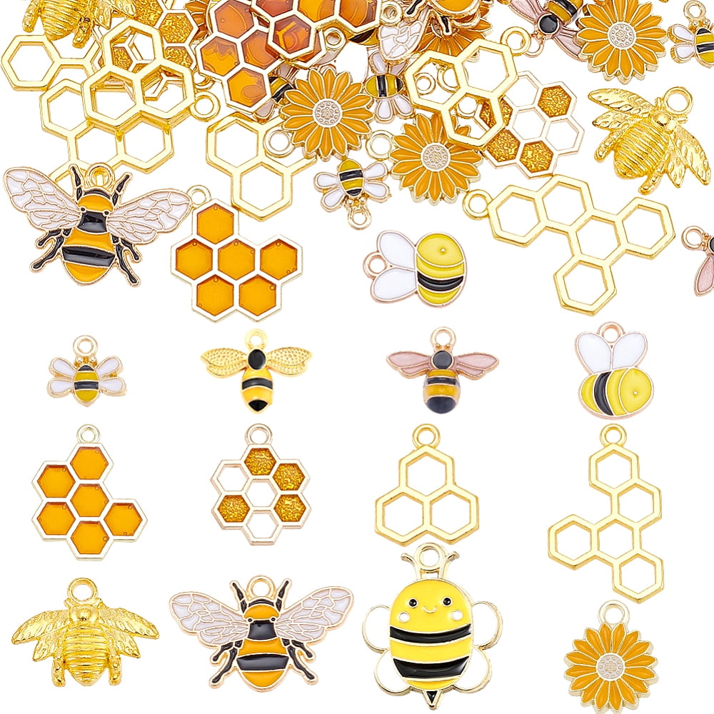 68Pcs Honeycomb Bee Flower Charms Golden Honeybee Pendants Metal Hollow ...
