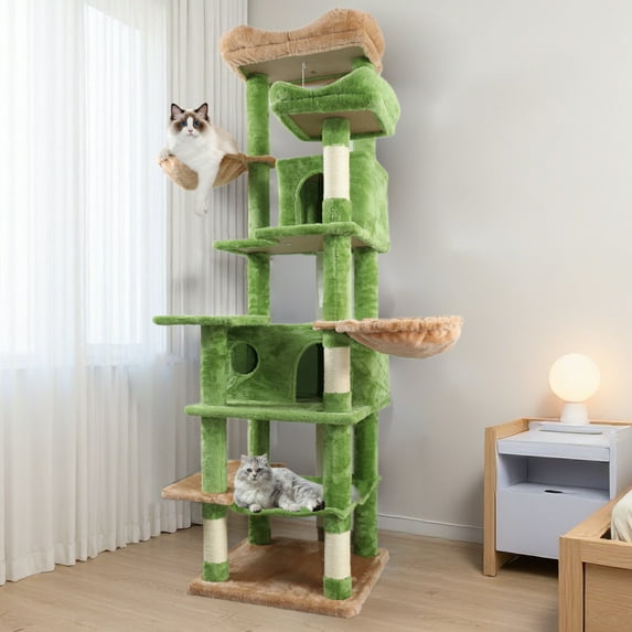 68in Tall Multi-Level Green Cat Tree with Hammocks, Hanging Basket, Cat ...