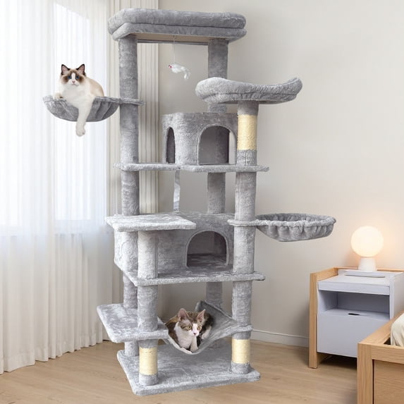 68in Tall Multi-Level Green Cat Tree with Hammocks, Hanging Basket, Cat ...