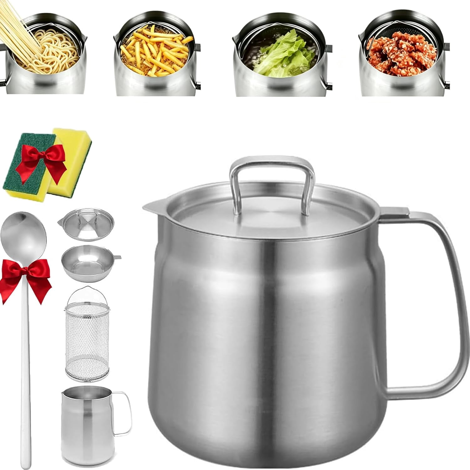68oz 304 Stainless Steel Deep Fryer Pot with Basket & Strainer, Large ...