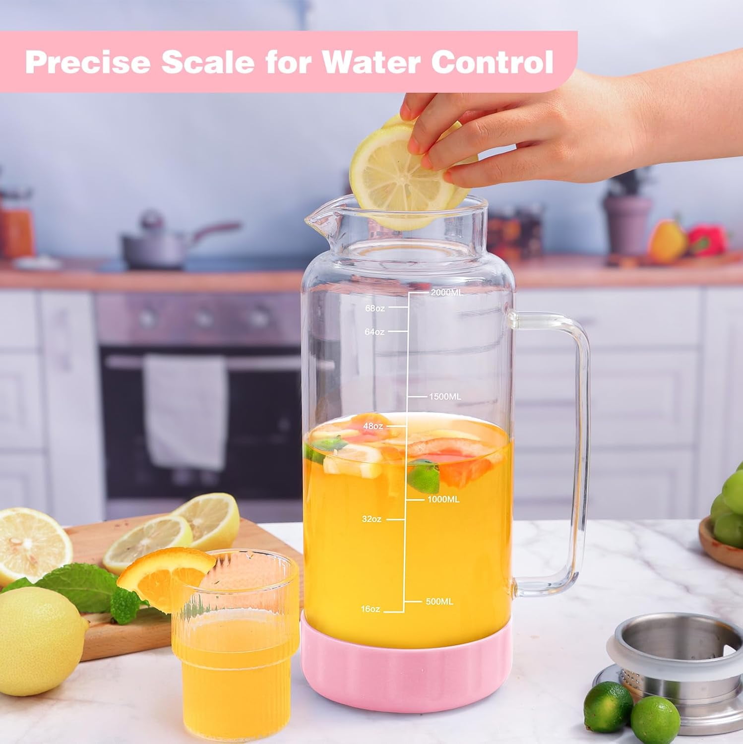 68oz Glass Pitcher with Lid, 2 Liter Water Carafe with Silicone Base ...