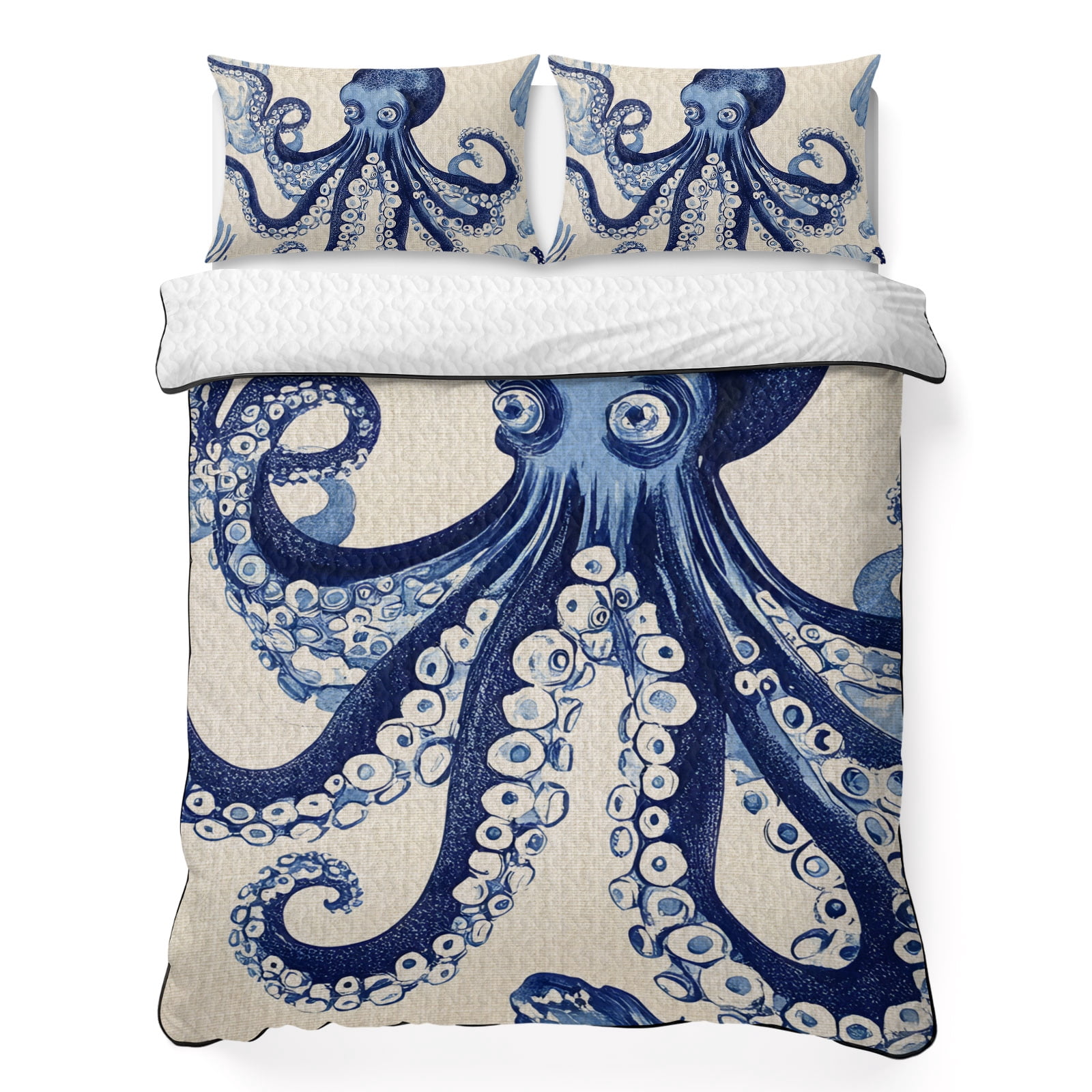 Twin Quilt Bedding Set Blue Octopus Coral on Vintage Linen Breathable ...