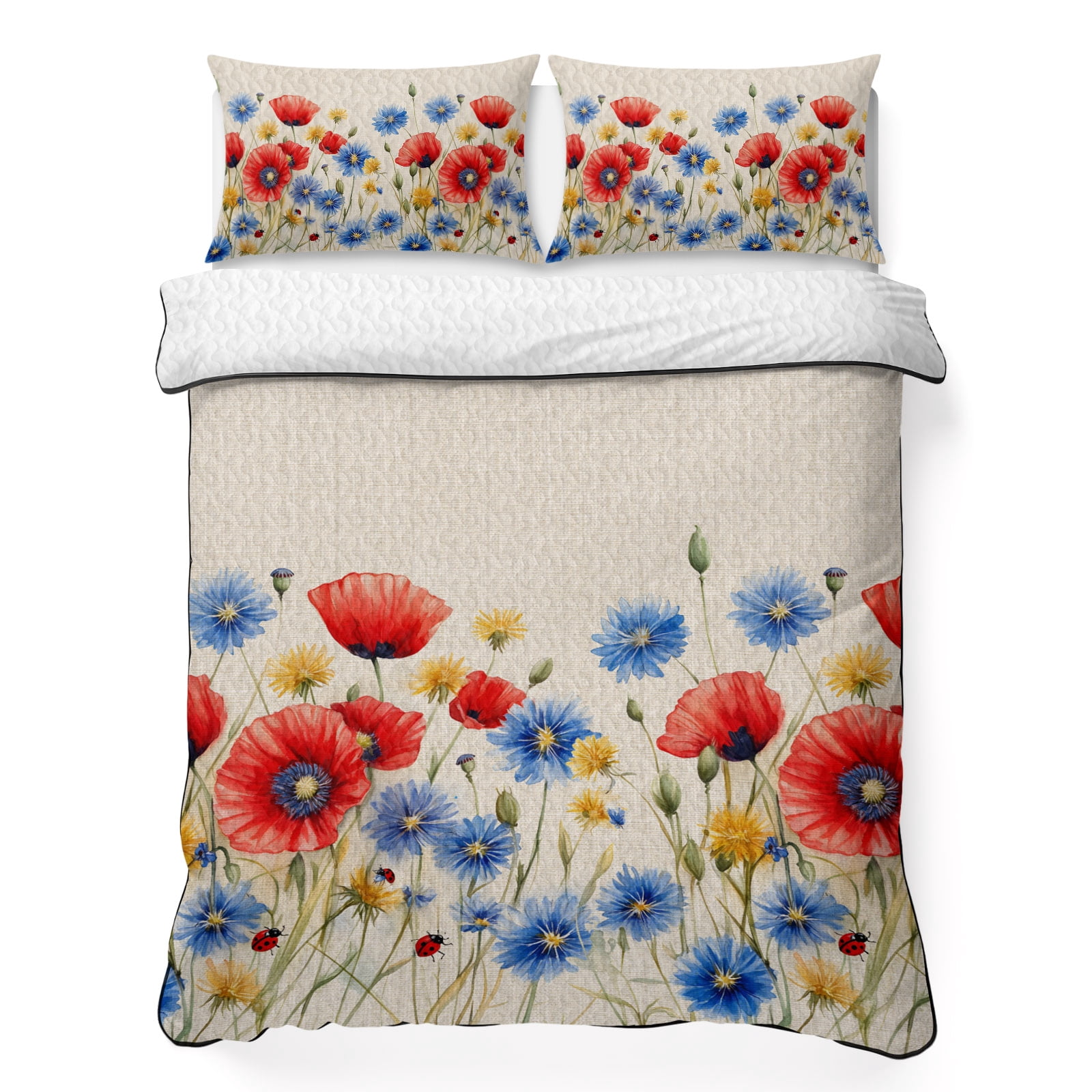 Twin Quilt Bedding Set Country Poppy Flower Watercolor Breathable ...