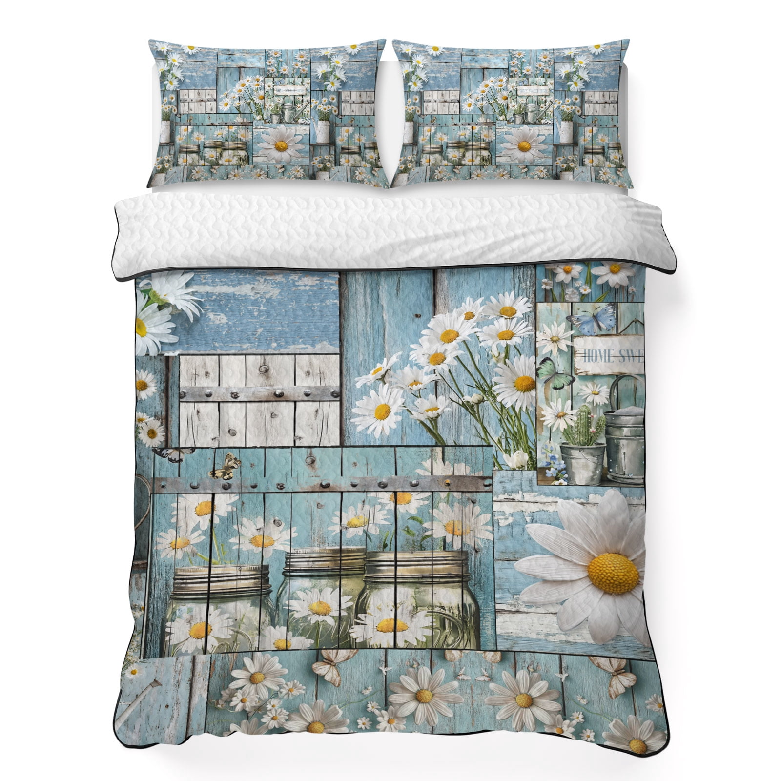 Twin Quilt Bedding Set Farm Daisies Flowers Breathable Summer Cooling ...