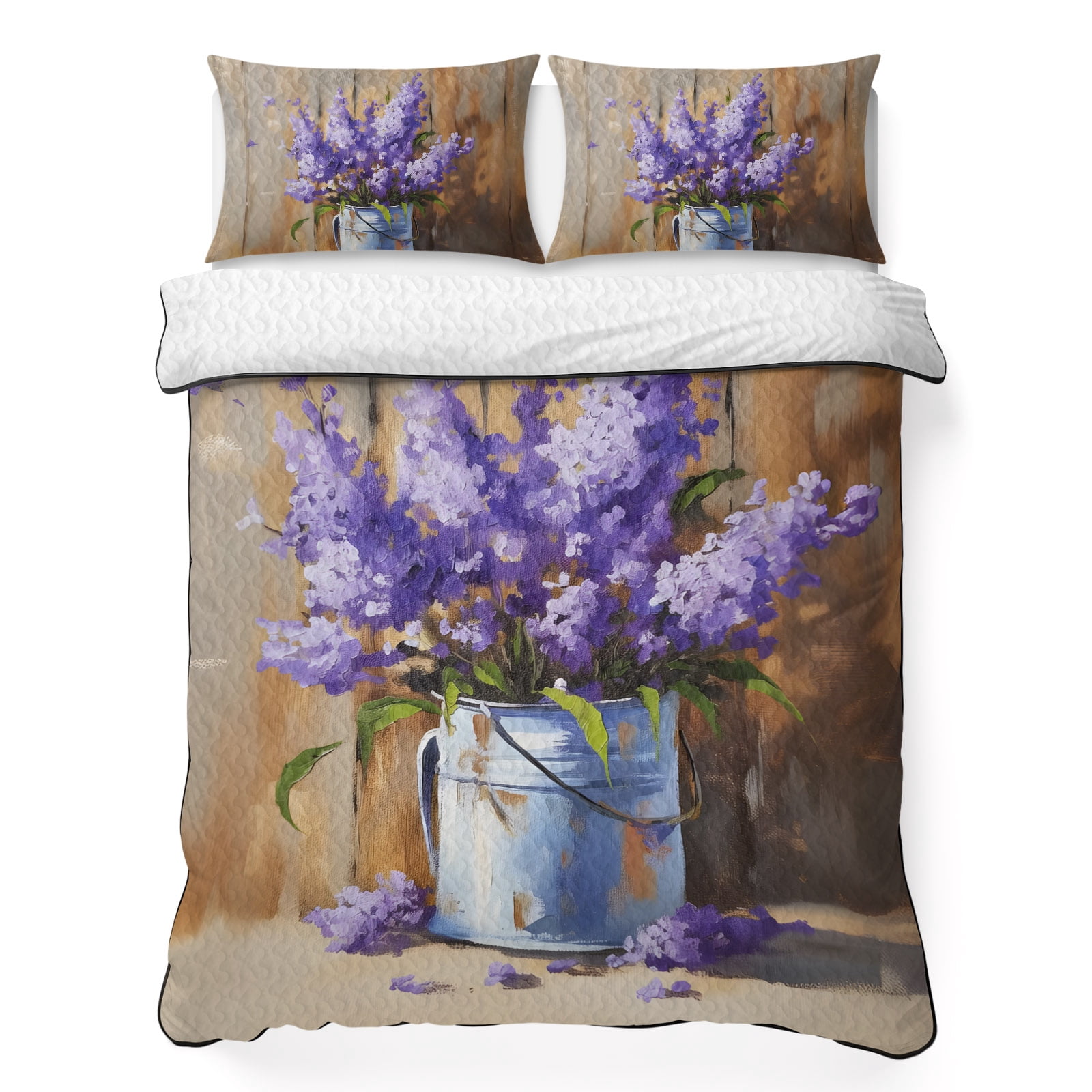 Twin Quilt Bedding Set Lavender Flowers Farmhouse Retro Wood Baord ...