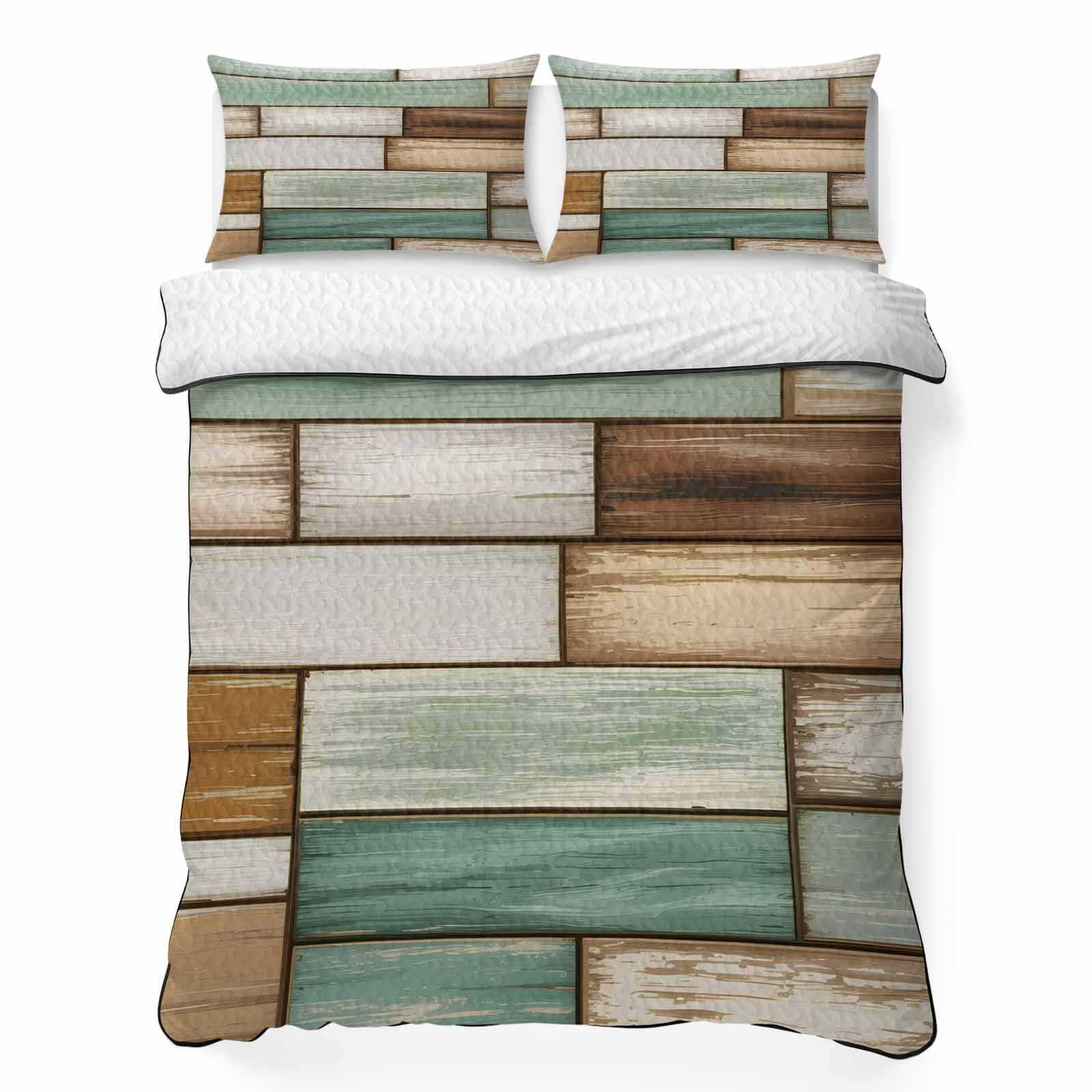 Twin Quilt Bedding Set Pastoral Green Gray Brown Wooden Breathable ...
