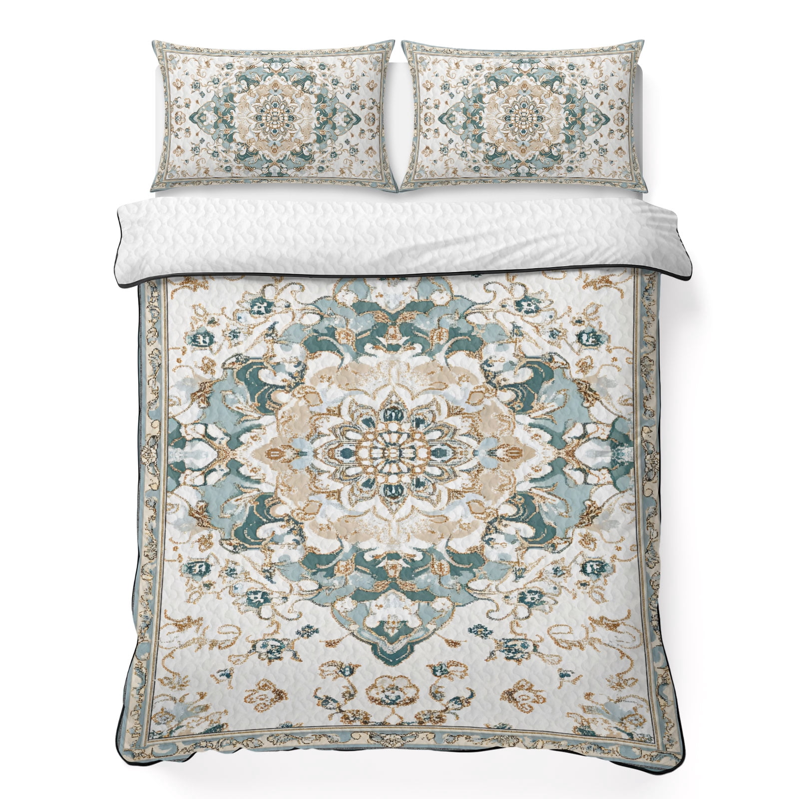 Twin Quilt Bedding Set Retro Green Gold Bohemia Flower Breathable ...