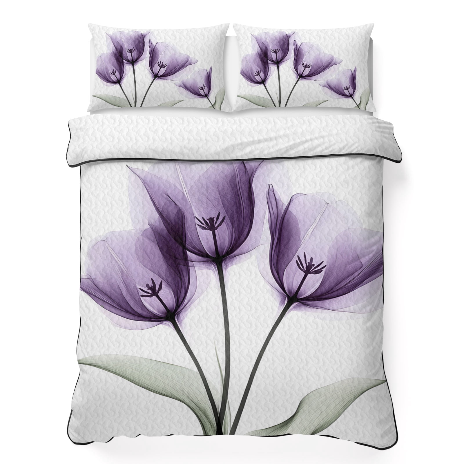 Twin Quilt Bedding Set Spring Floral Purple Tulips Leaf Breathable ...