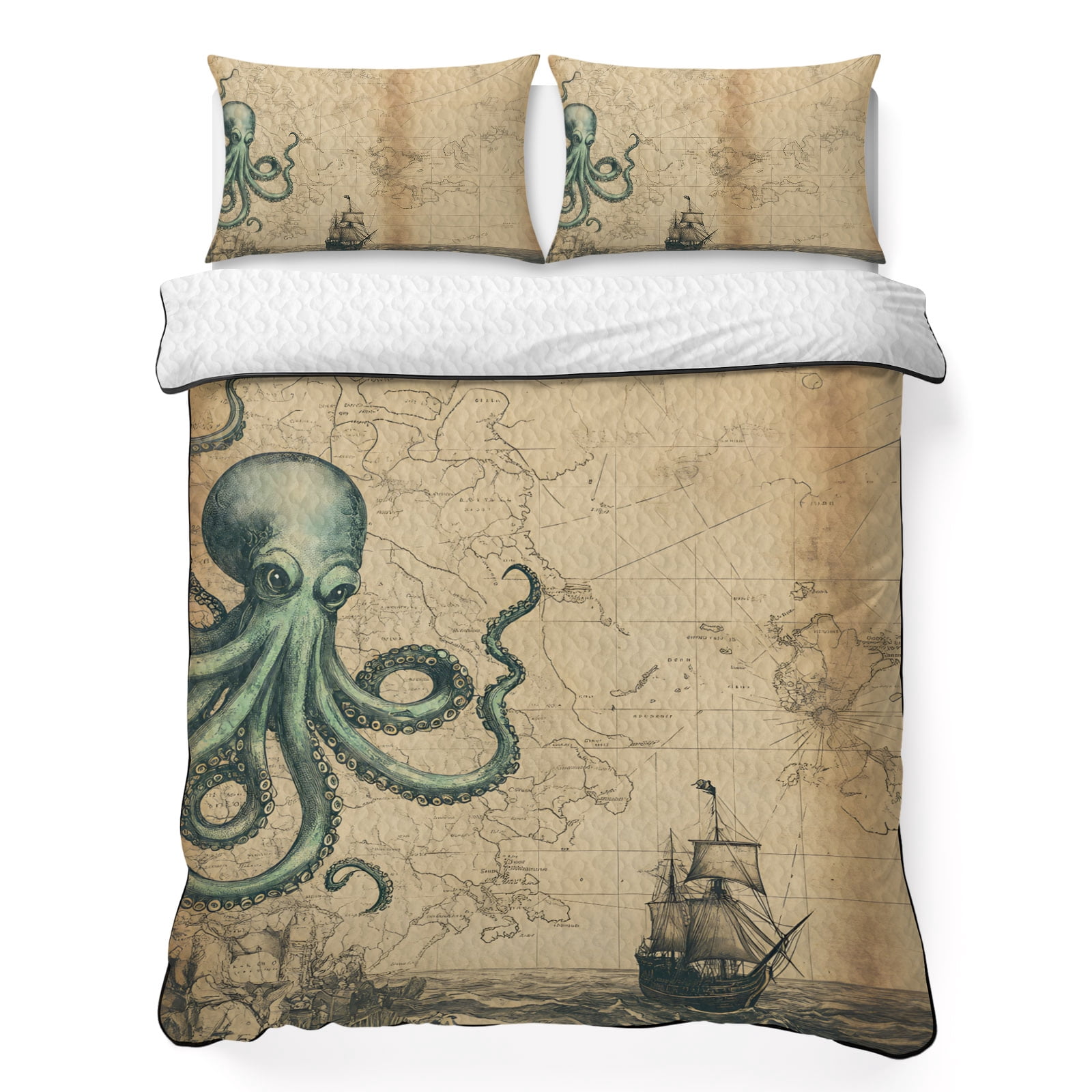 Twin Quilt Bedding Set Vintage World Map Ocean Octopus Breathable ...