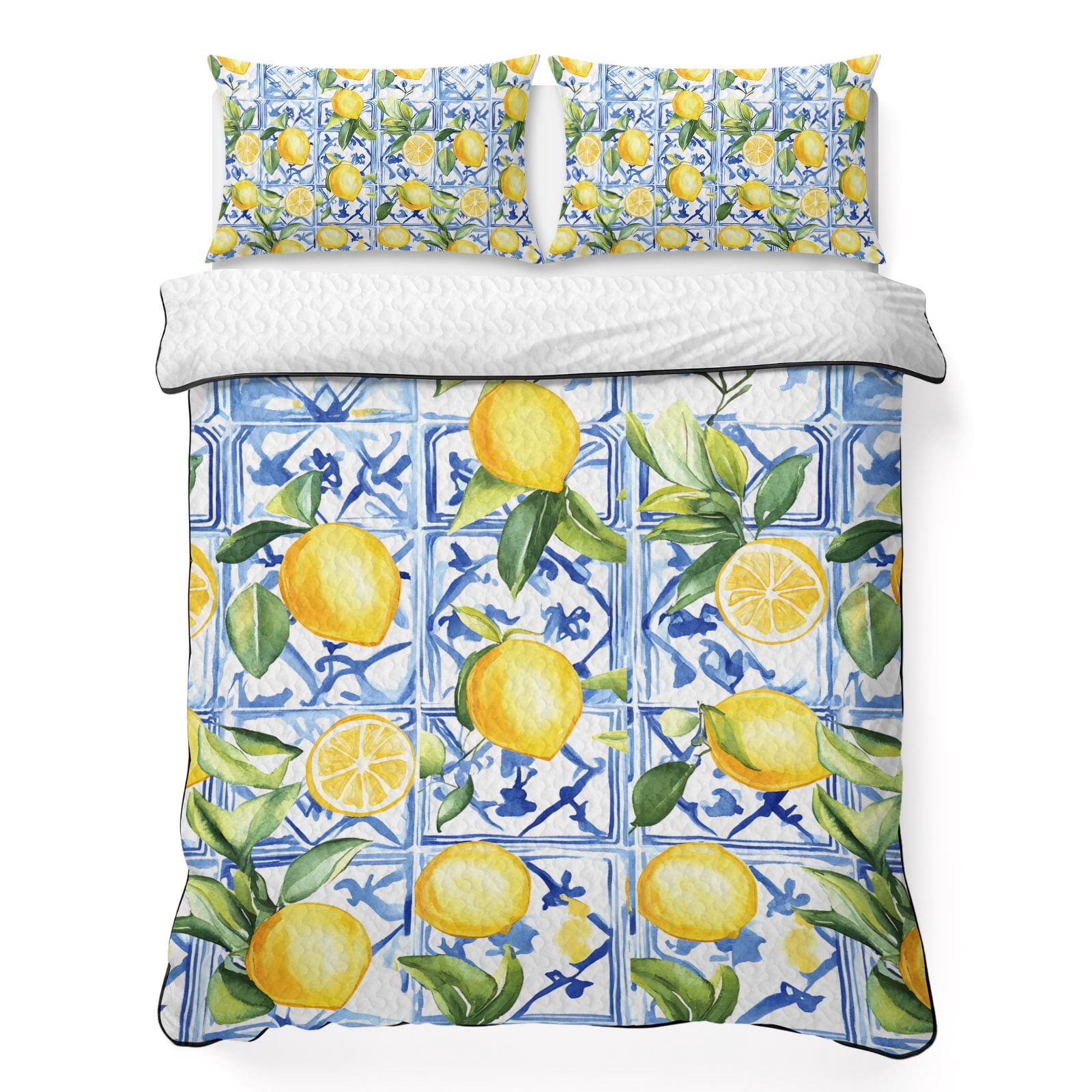 Twin Quilt Bedding Set Watercolor Farm Lemon Green Leaves Breathable ...