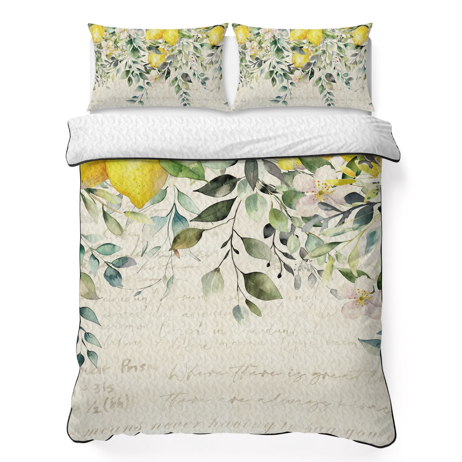 Twin Quilt Bedding Set Watercolor Lemon Flower Leaves Breathable Summer ...