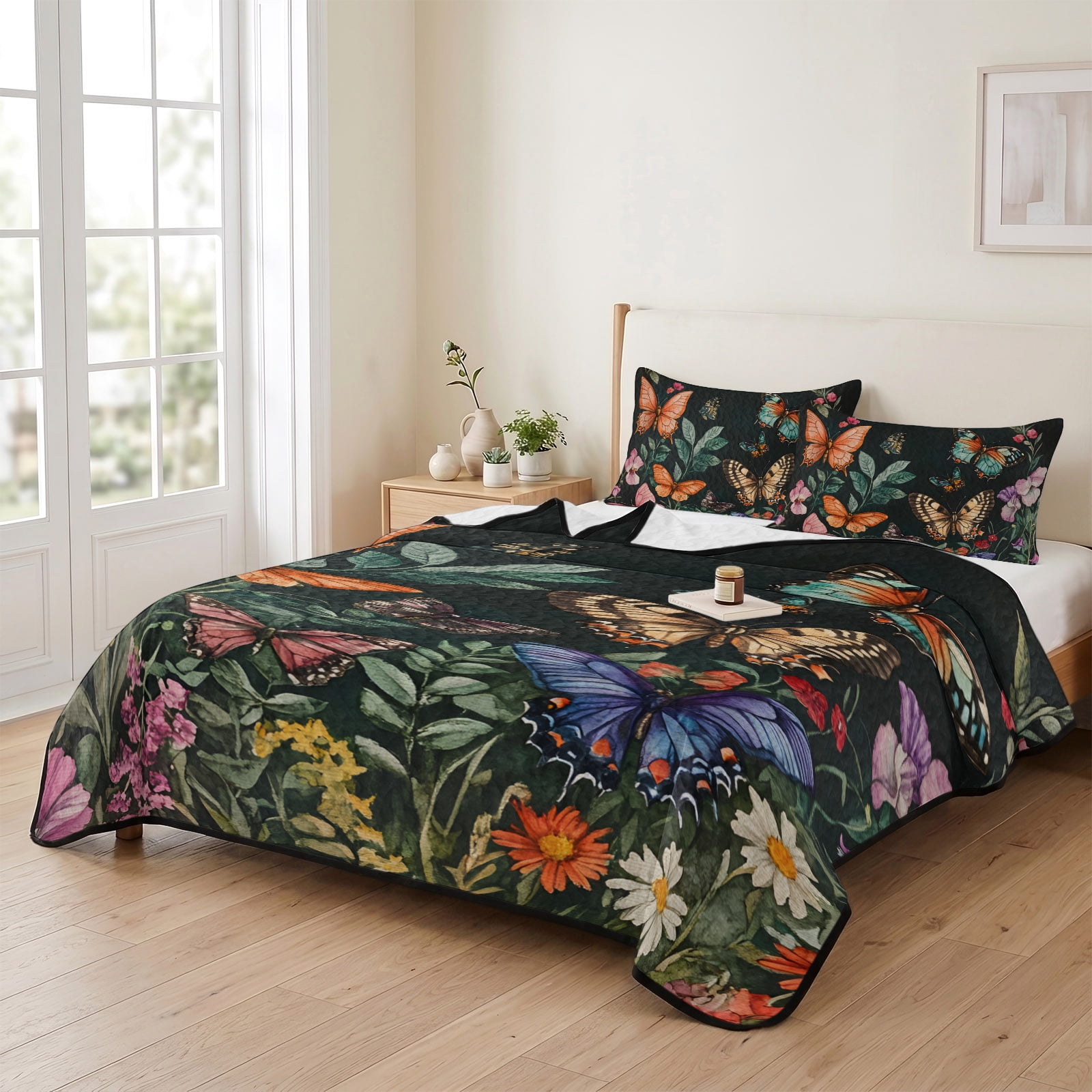 68x98in Quilt Bedding Set, Abstract Country Butterflies Flowers ...