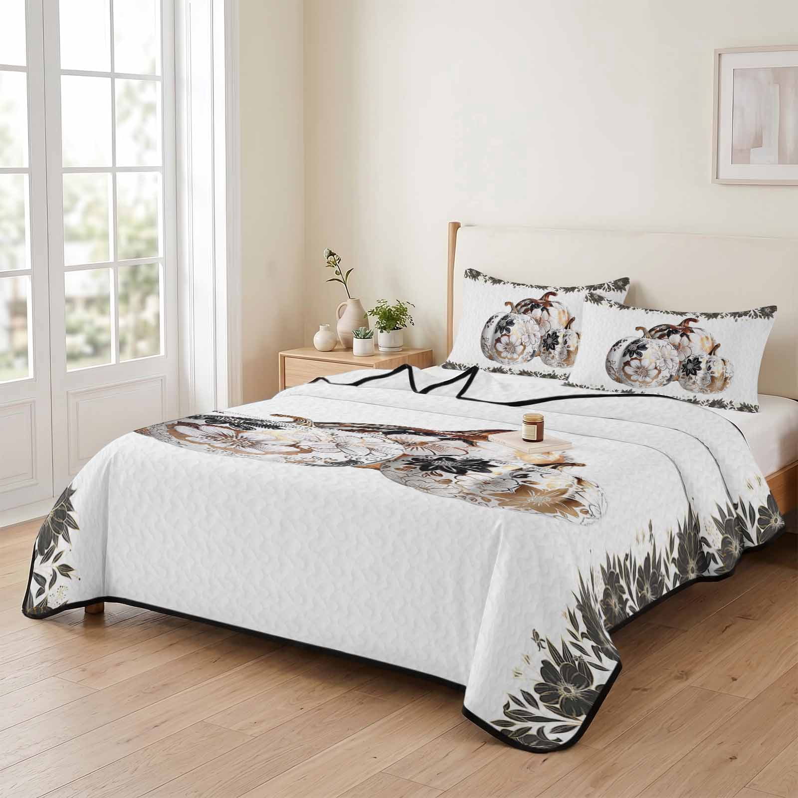 68x98in Quilt Bedding Set, Autumn Floral Painting Pumpkin Lightweight ...